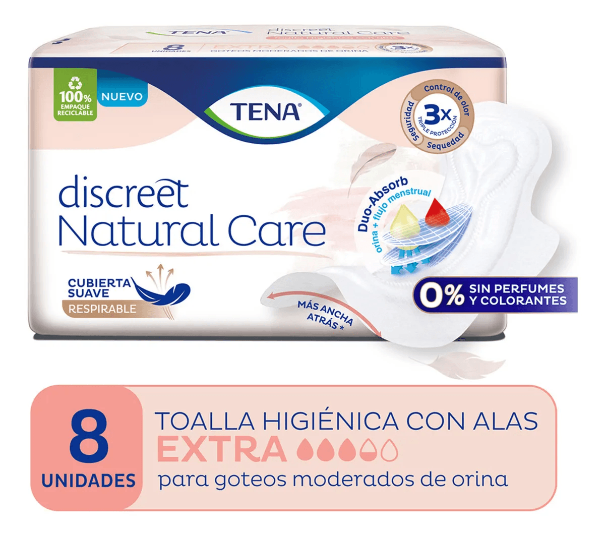 Toalla Femenina Tena en Farmaplus Discreet Natural Care Con Alas 8 ...